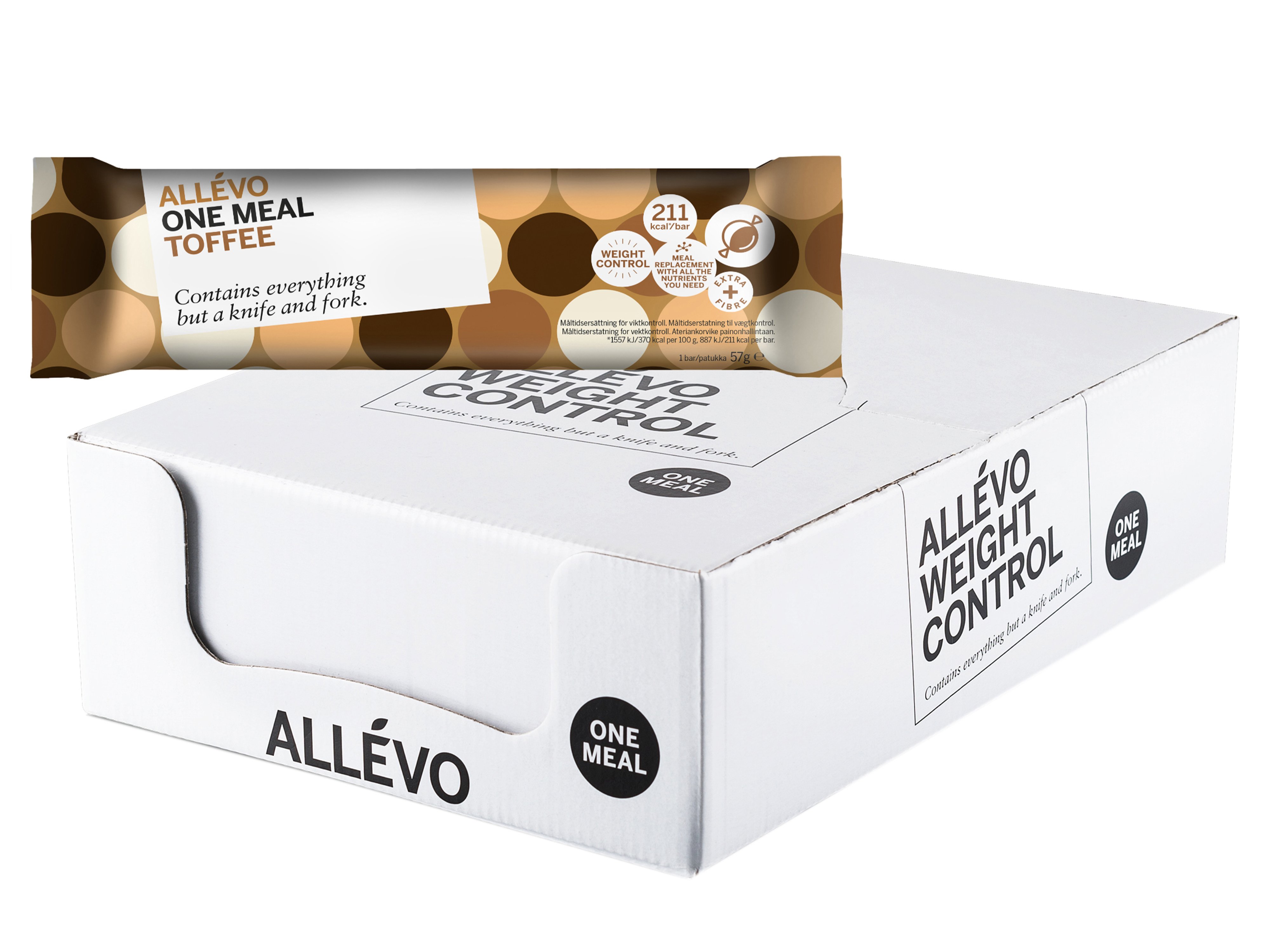 Allevo One Meal Bar, Toffee, 57 gram, 20 stk. - Ned i vekt - Farmasiet.no