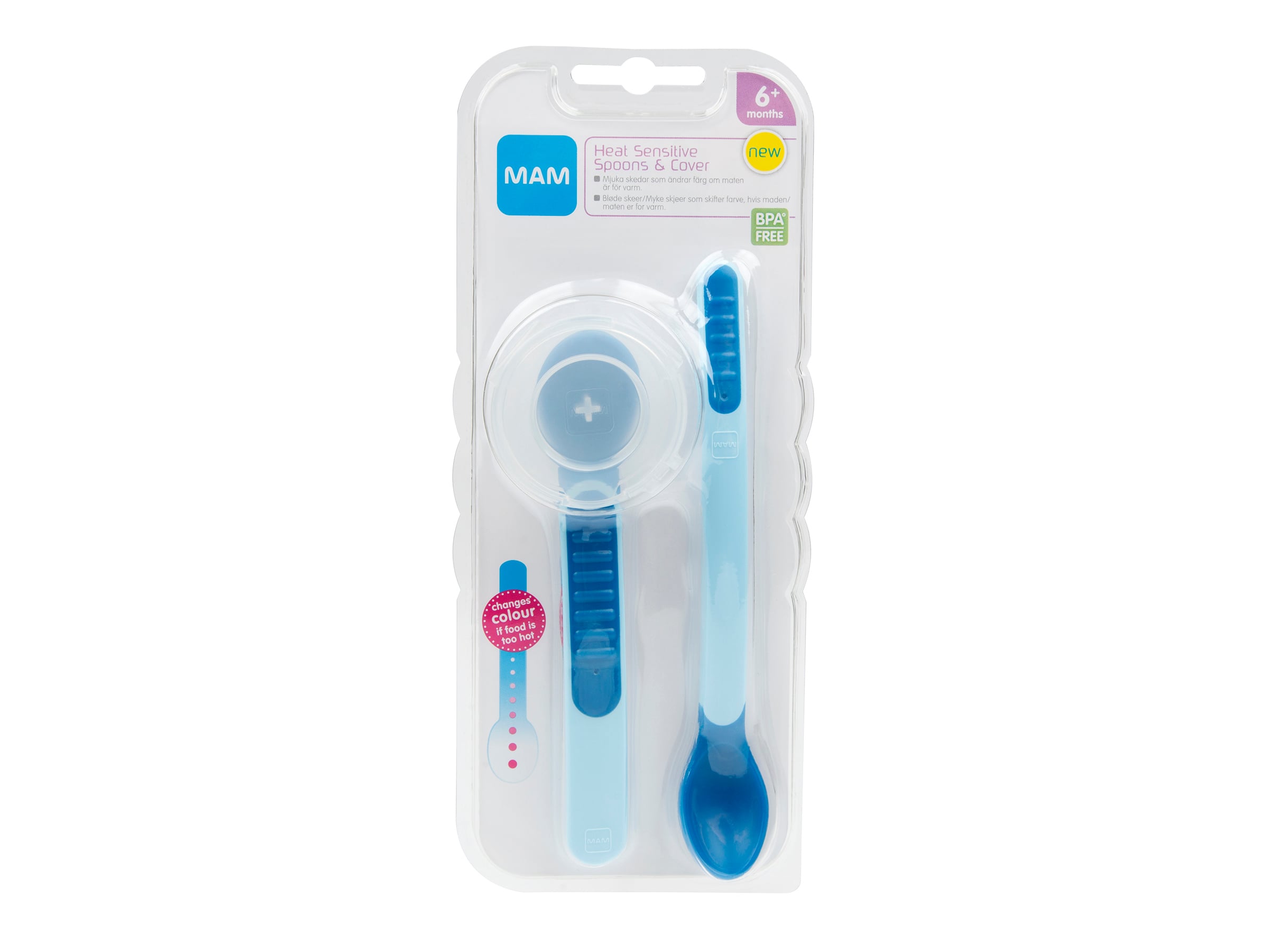 MAM heat sensitive spoon&cover, Sett av 2 skjeer og beskyttelsesdeksel ...