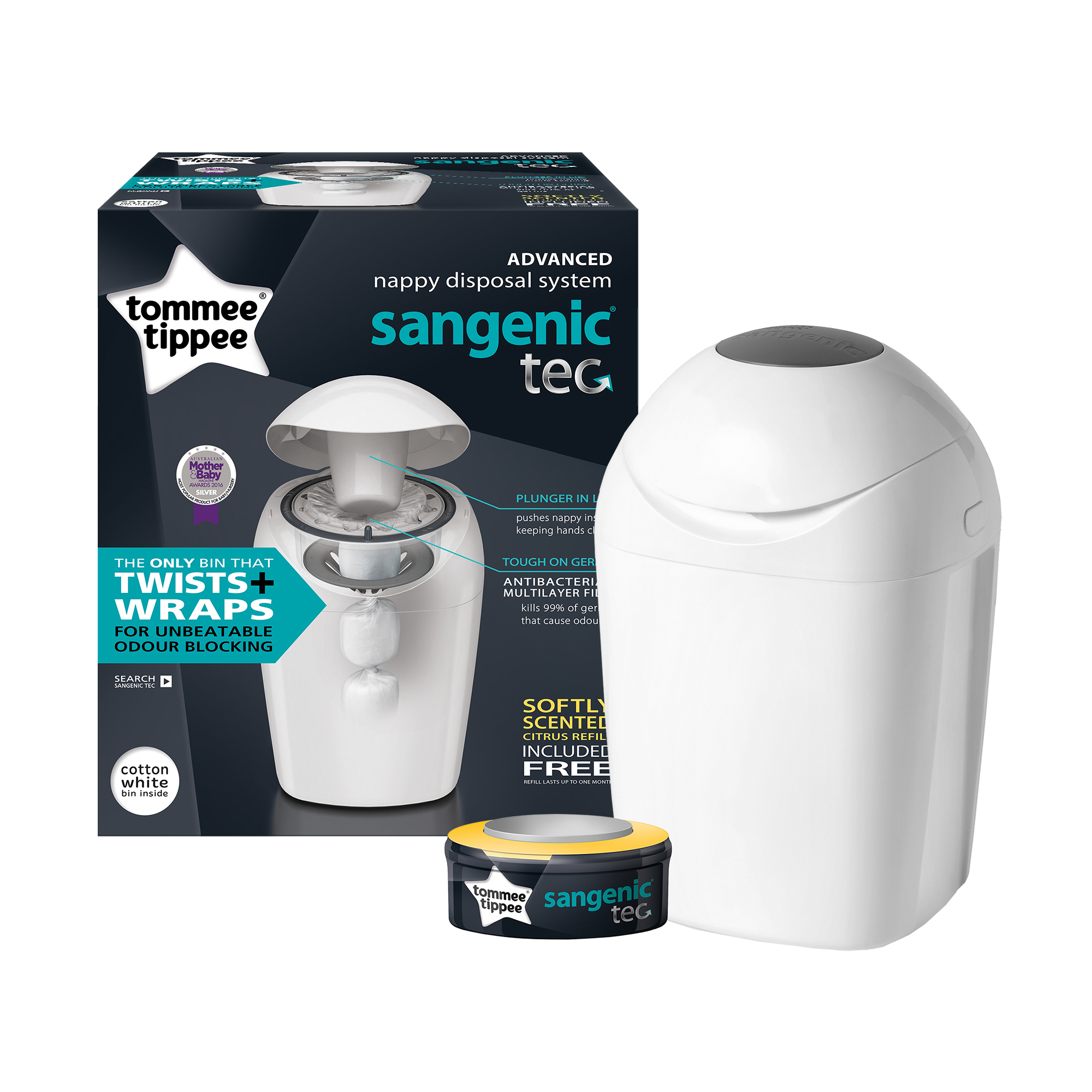 Sangenic Tec bleiebøtte hvit, 1 stk., inklusiv 1 refill - Vask og stell - Farmasiet.no